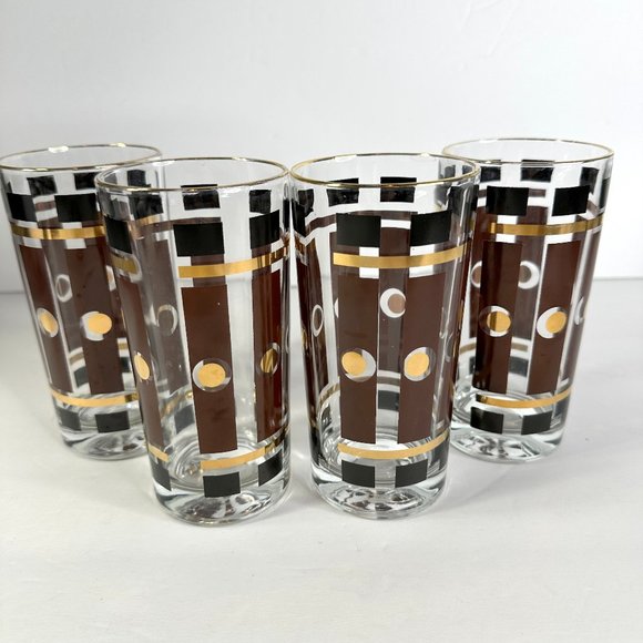 Dining | Set Of 4 Vintage Mcm Drinking Glasses With Brown Gold Black ...